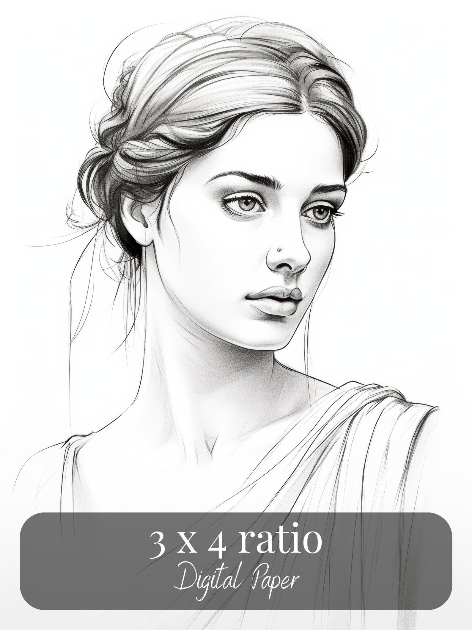 Lady Portrait in Line Art Style, Ready to Print, Digital Image for ...