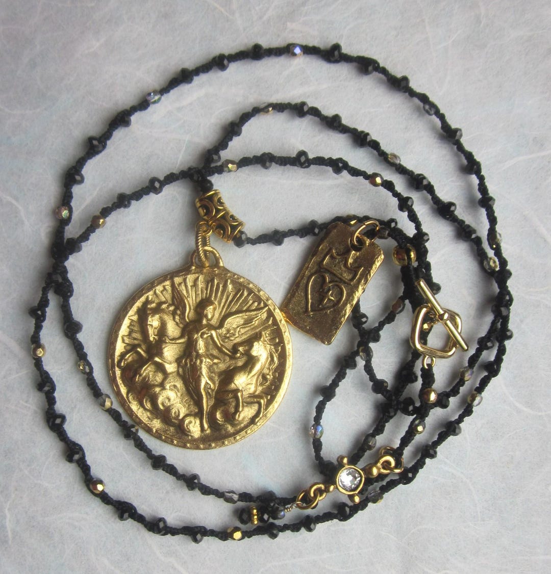 Gold Angel W/horses Pendant Black Spinel Necklace Czech Crystal Peasant ...