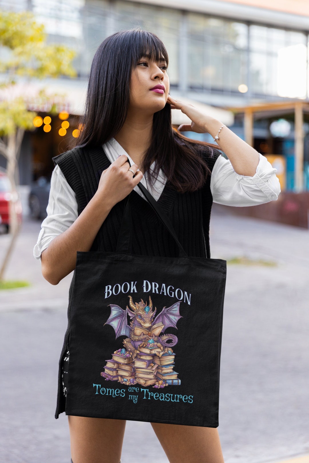 Whimsical Book Dragon Canvas Tote Bag, Perfect Gift for Readers ...