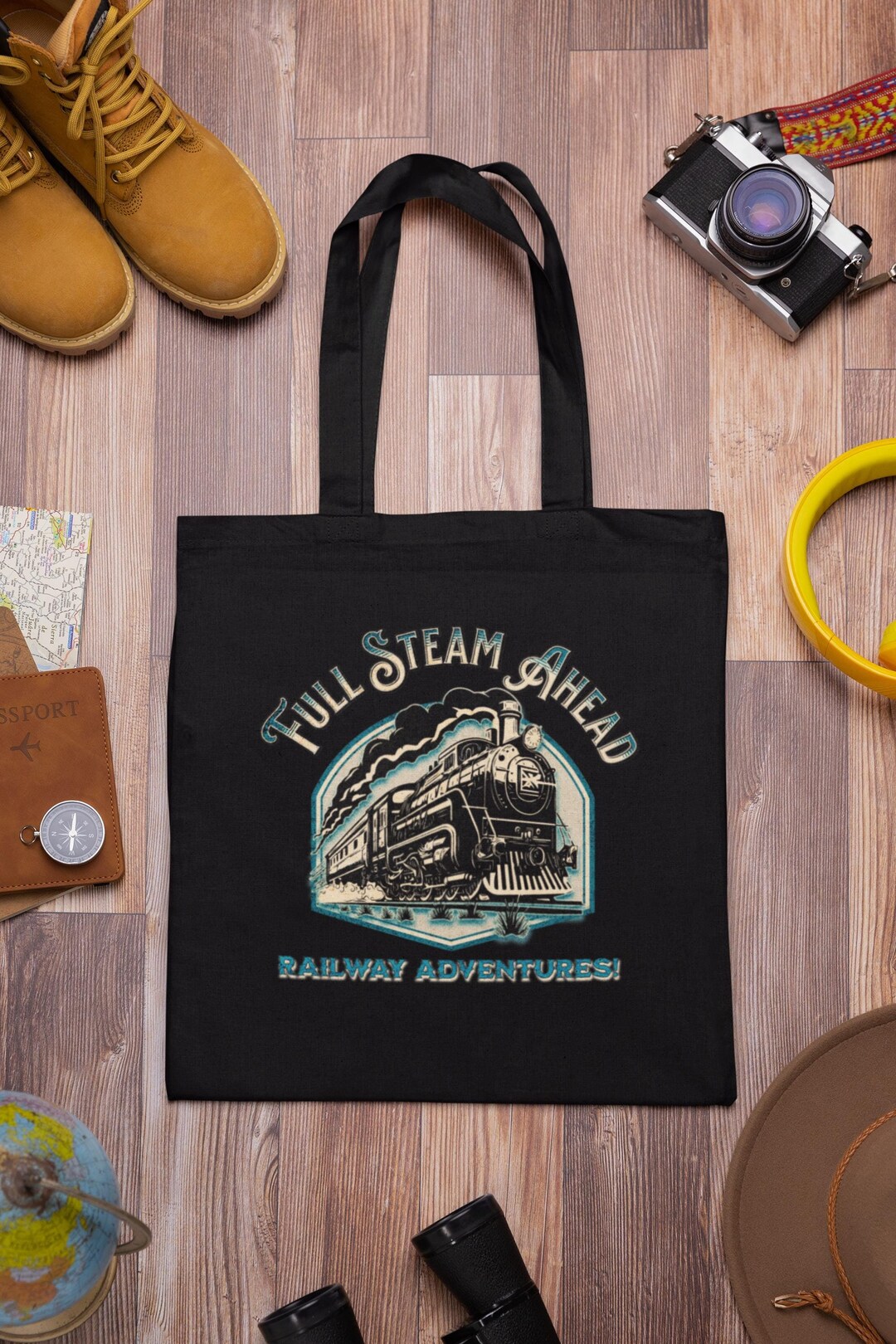 Vintage Train Black Canvas Tote Bag, Steampunk Locomotive Engine ...