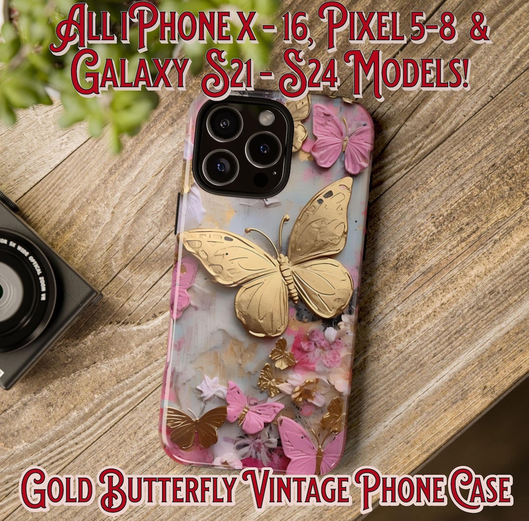 Gold Butterfly iPhone 16 Pixel Galaxy Case, Chic Rococo Pink Gold Phone ...
