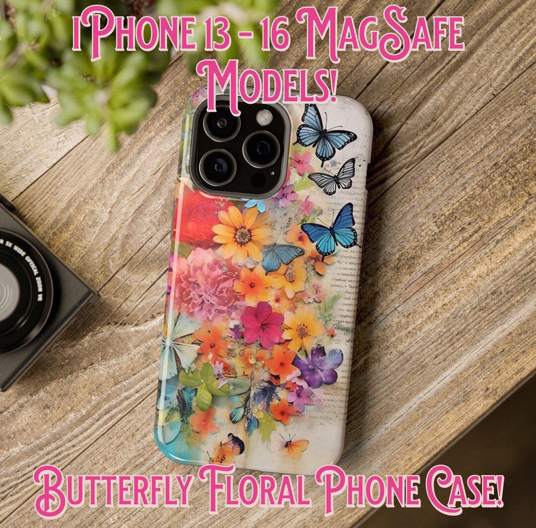 Butterfly Bouquet Magsafe iPhone 16 Case, Boho Chic Phone Case, Watercolor Blue Morpho Butterfly ...