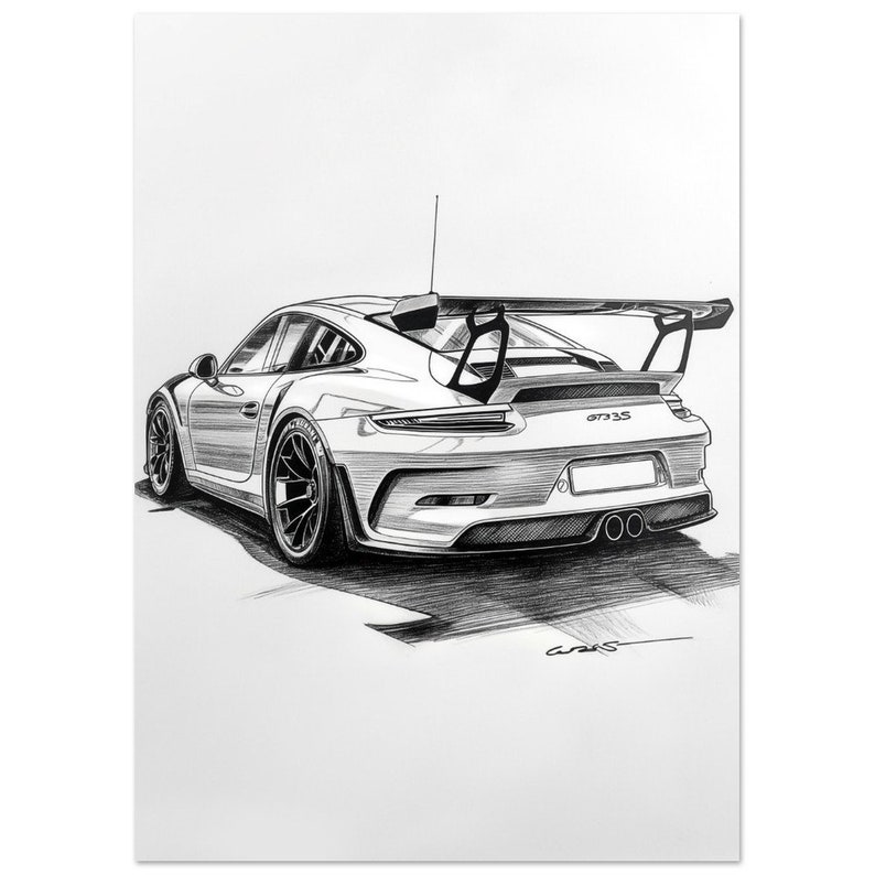 Porsche 911 Gt3 Rs Poster Pencil Style Car Drawing Digital Image Home