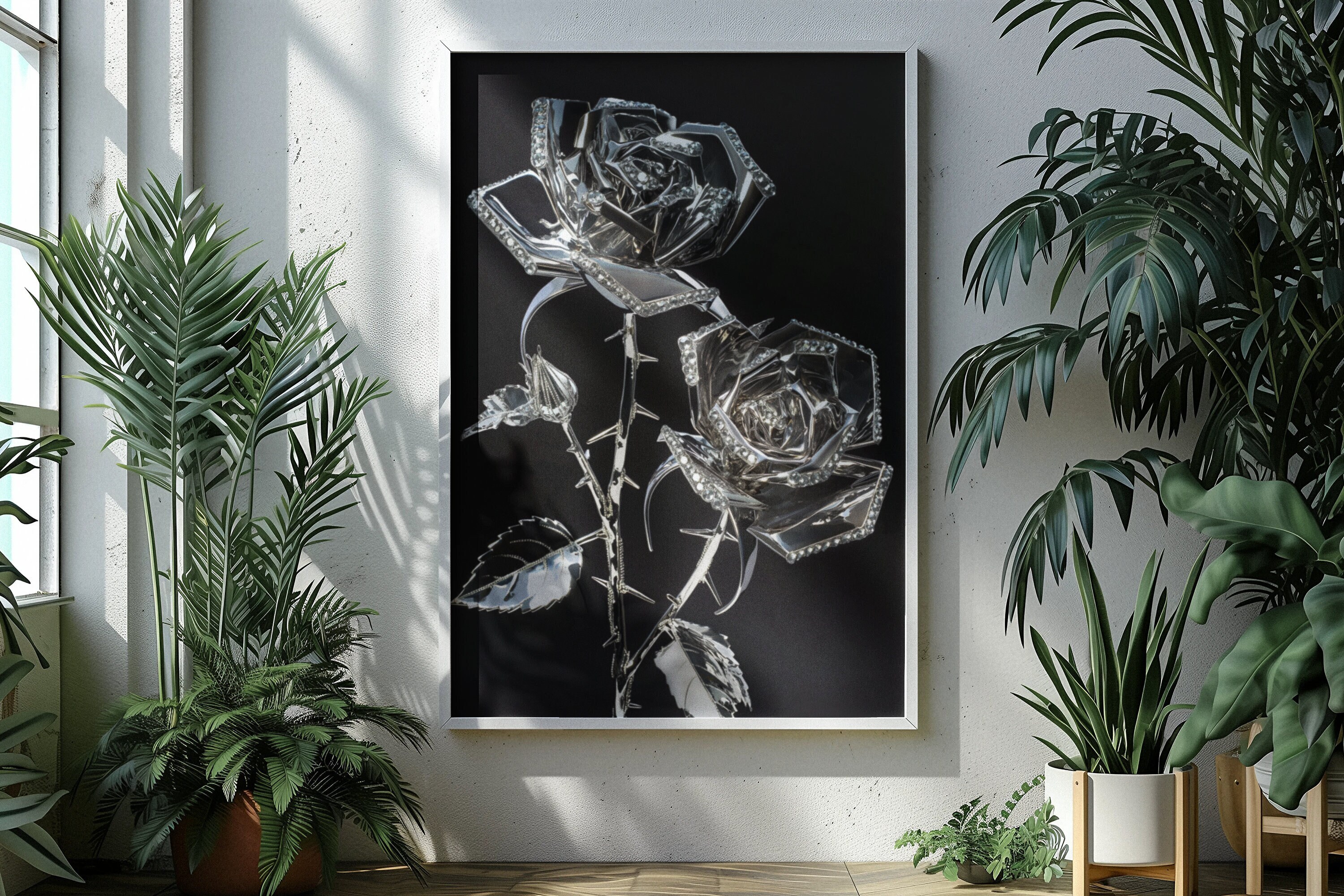 Y2k Chrome Roses Floral Art Print Wall Art or Poster -diamond Encrusted ...