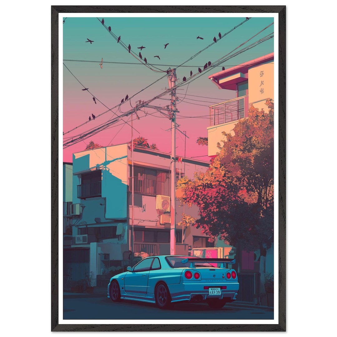 Neon Sunset Japanese Street Scene: GTR Psoter - Tokyo Print - Drift Car ...