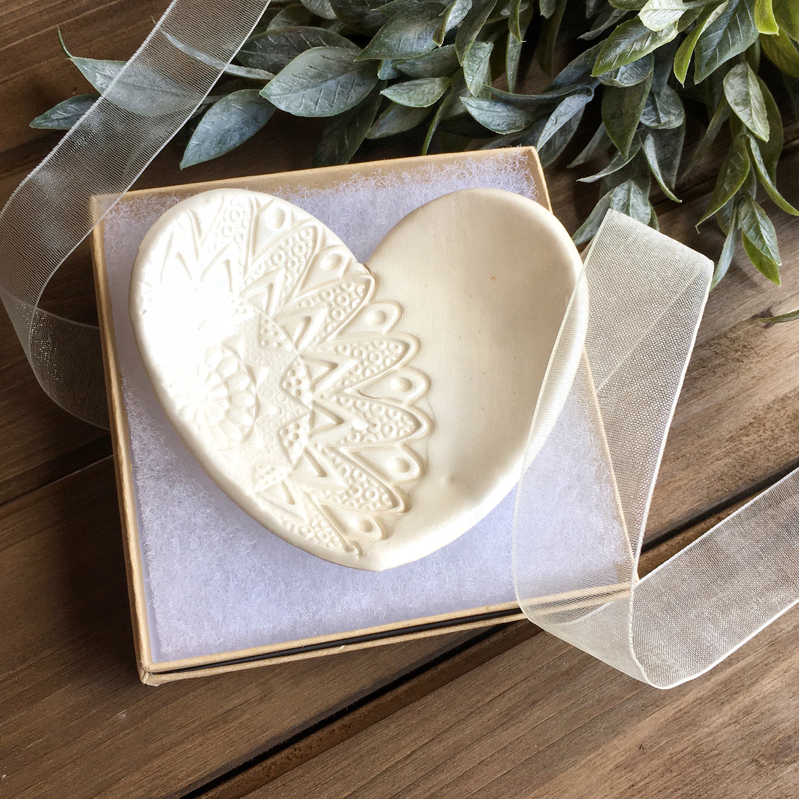 Lace Impressed Heart Shaped Ring Dish | Ceramic Wedding Ring Holder ...