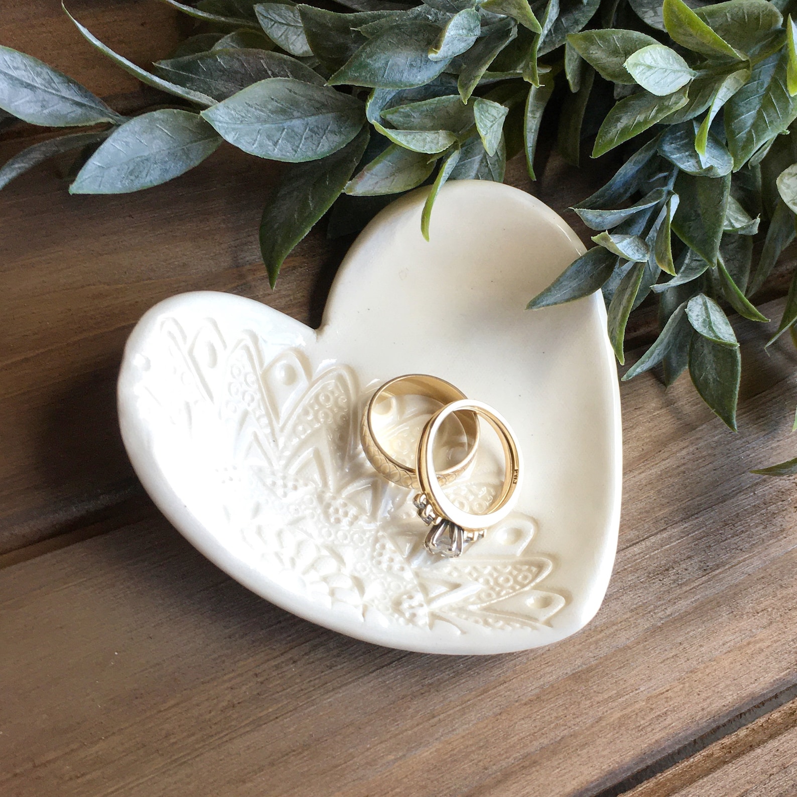 Lace Impressed Heart Shaped Ring Dish | Ceramic Wedding Ring Holder ...