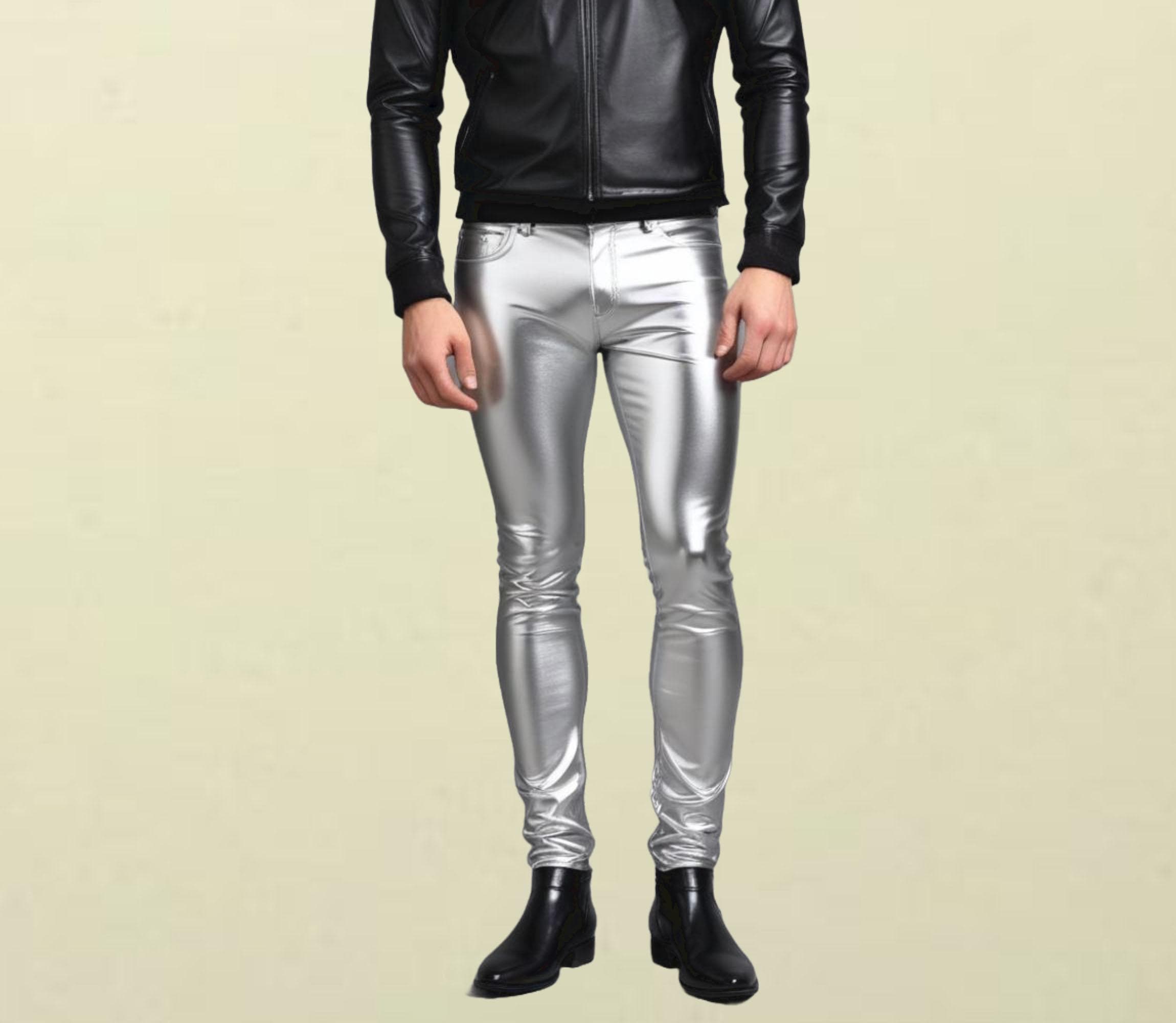Genuine Leather Men Silver Pant - Handmade Classic Leather Slim Fit ...