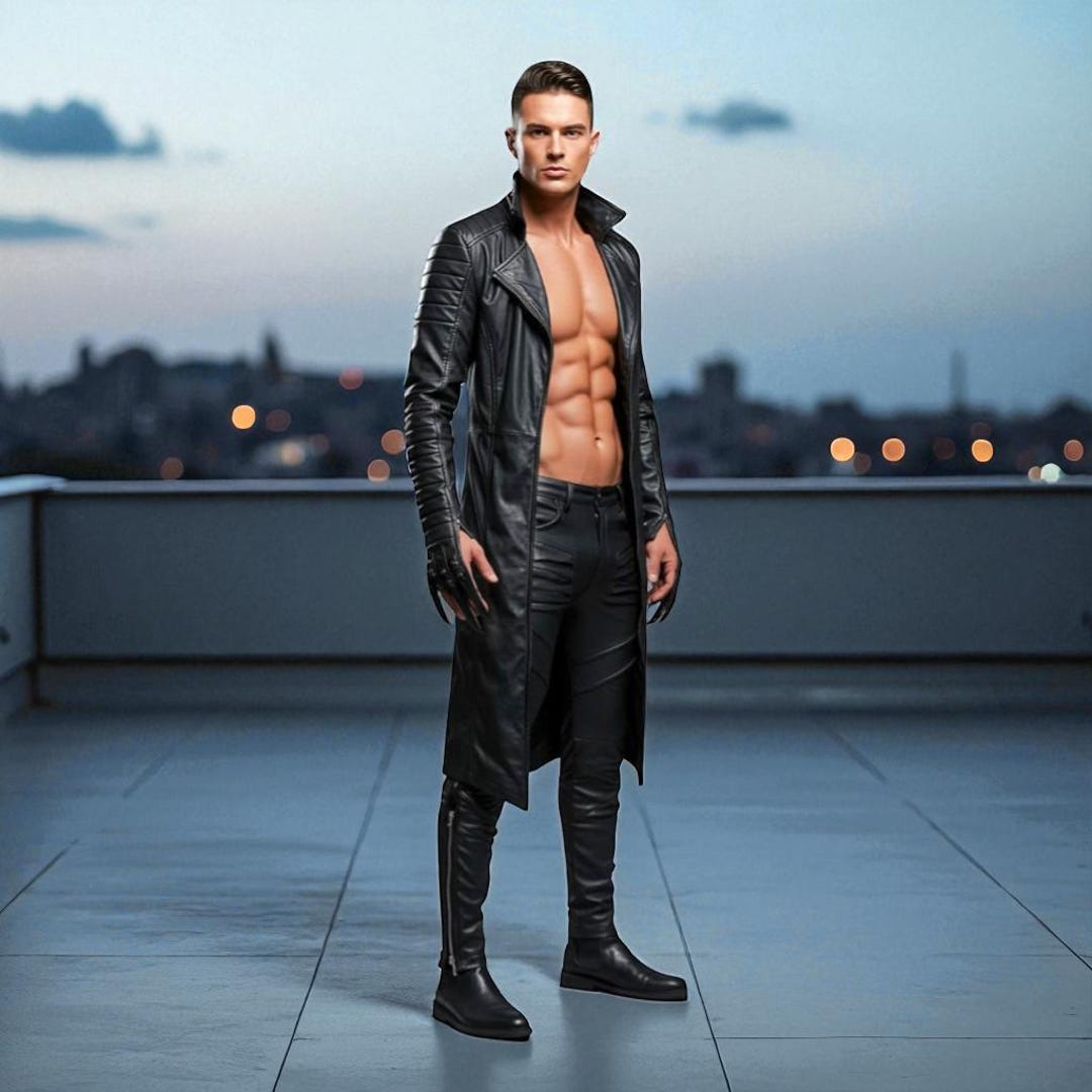 Gothic Leather Trench Coat: Cyberpunk Duster, Padded Shoulders - Etsy