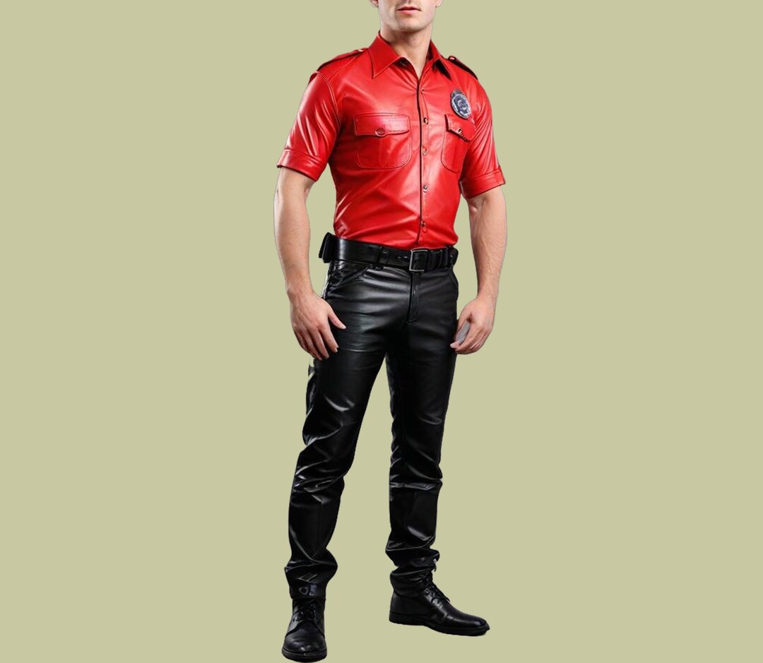 Men's Leather Red Police Shirt -handmade Men Leather Pant & Shirt Set ...