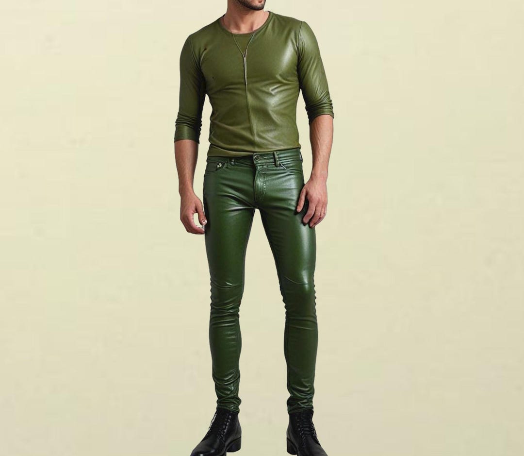 Green Leather Shirt & Pants Set: Slim Fit Biker Style - Etsy
