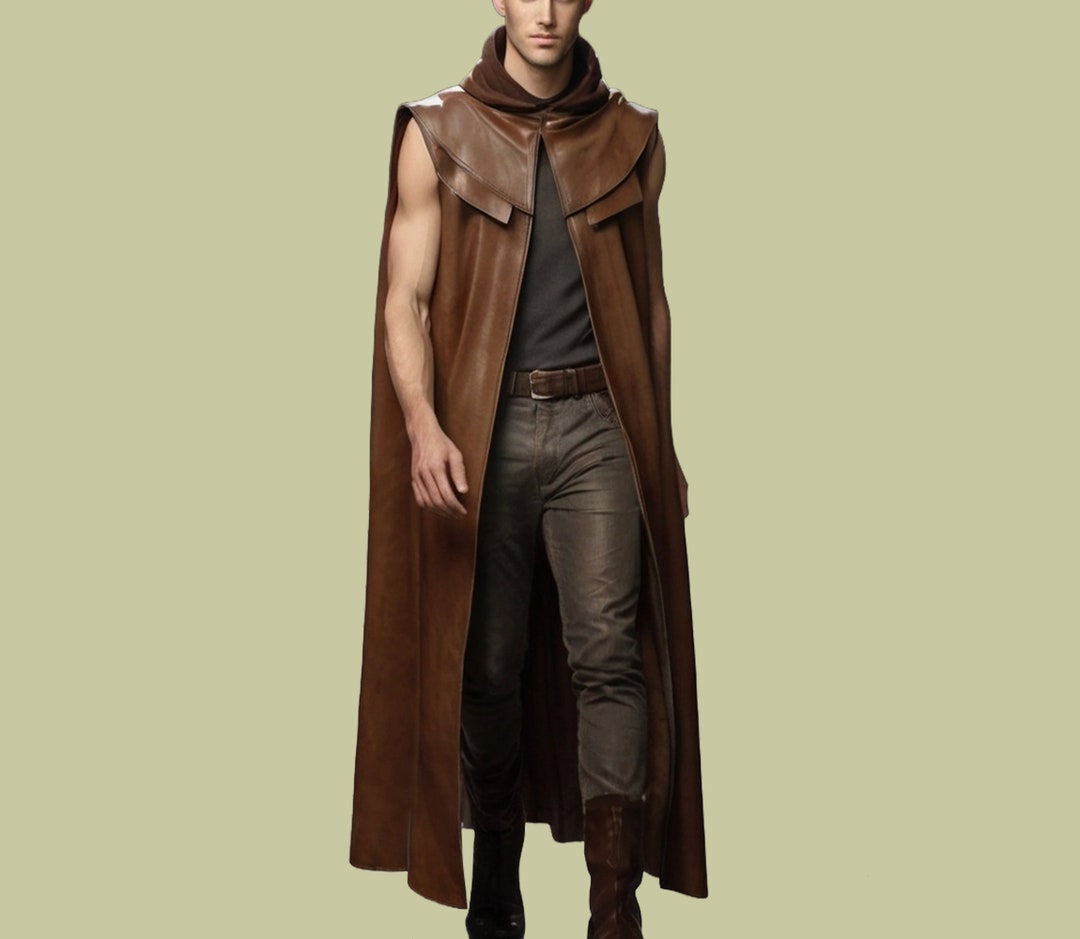 Handmade Men Leather Brown Cloak - Medieval Brown Sleeveless Cloak ...