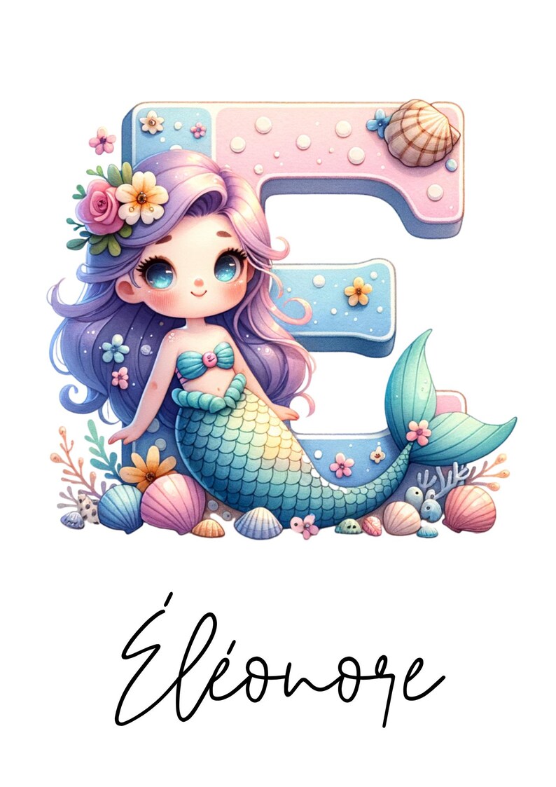 100% Customizable Poster Mermaid Letter + Child's First Name / Digital ...