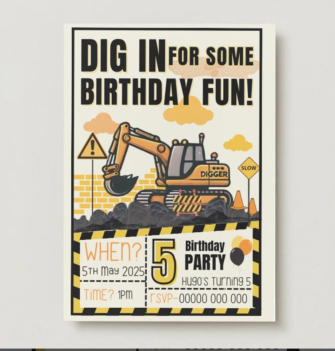 Digger Themed Party Invitation - Completely Customisable - (instant ...
