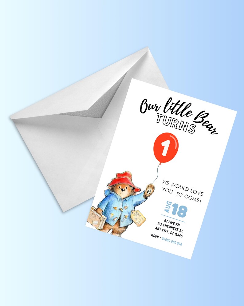 Paddington Bear With Balloon Birthday Invitation Customisable - Etsy