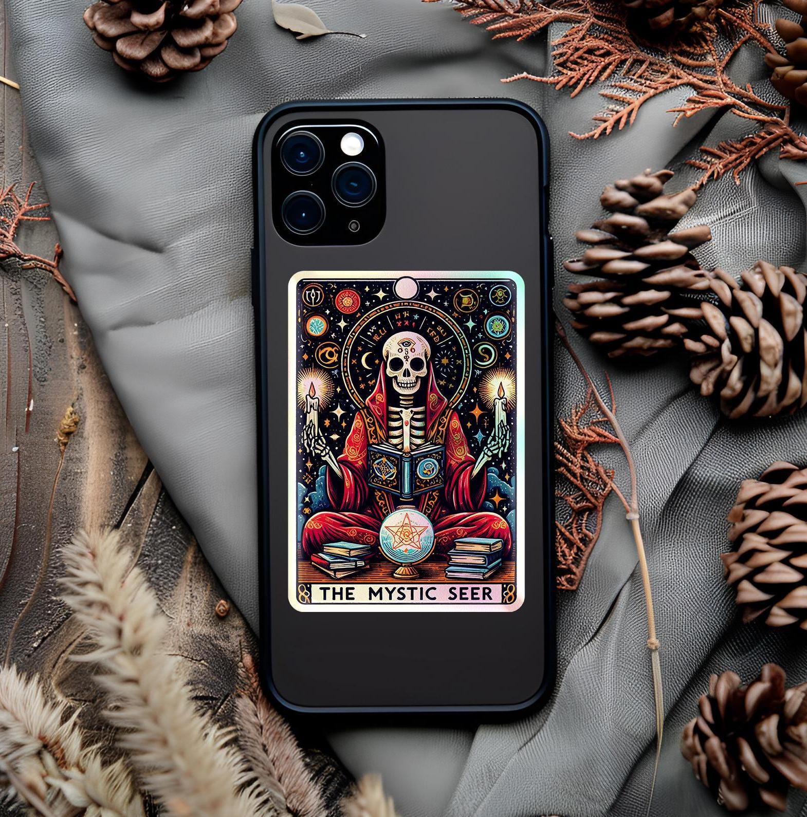Holographic Tarot Card Phone Case Sticker Skeleton With Levitating Book ...