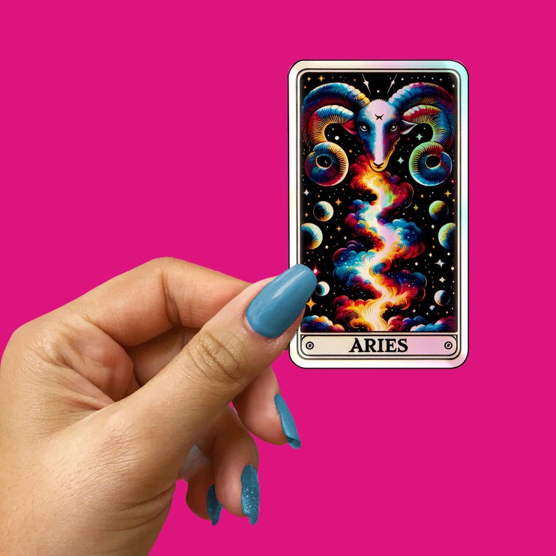 Aries Zodiac Tarot Card Sticker Astrology Ram Design With Stars Planets ...