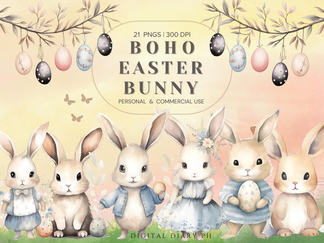 Boho Easter Bunny Clipart Pack | Pastel Watercolor Spring Bunnies ...