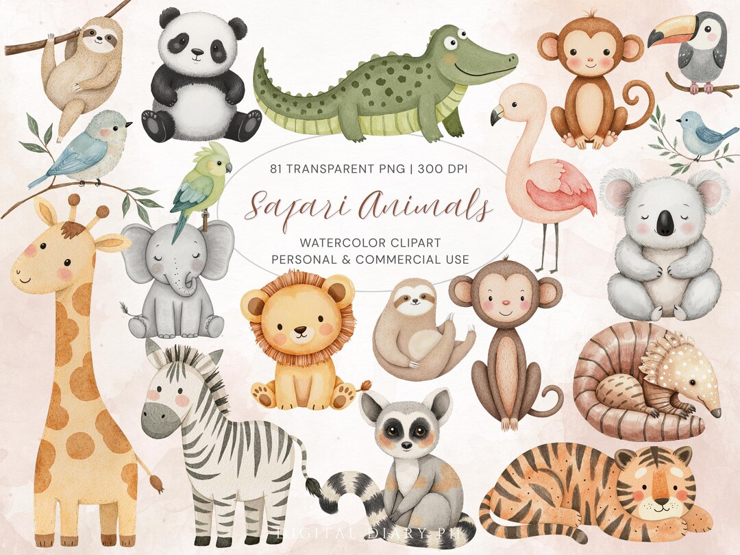 Cute Safari Animal Clipart | Jungle Animals PNG | Watercolor Nursery ...