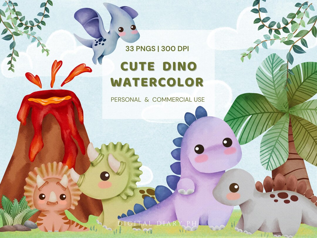 Cute Watercolor Dino Clipart | Dino Theme Baby Party Printables | High ...