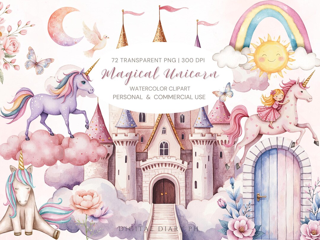 Magical Unicorn Clip Art | Watercolor Pastel Cute Unicorn Princess ...
