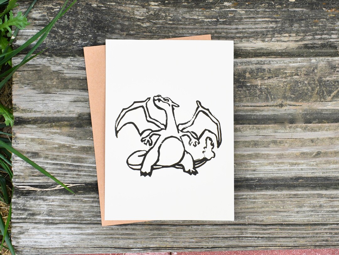 Charizard Print – Pokémon – Handmade 5x7 Block Print – B&W - Etsy