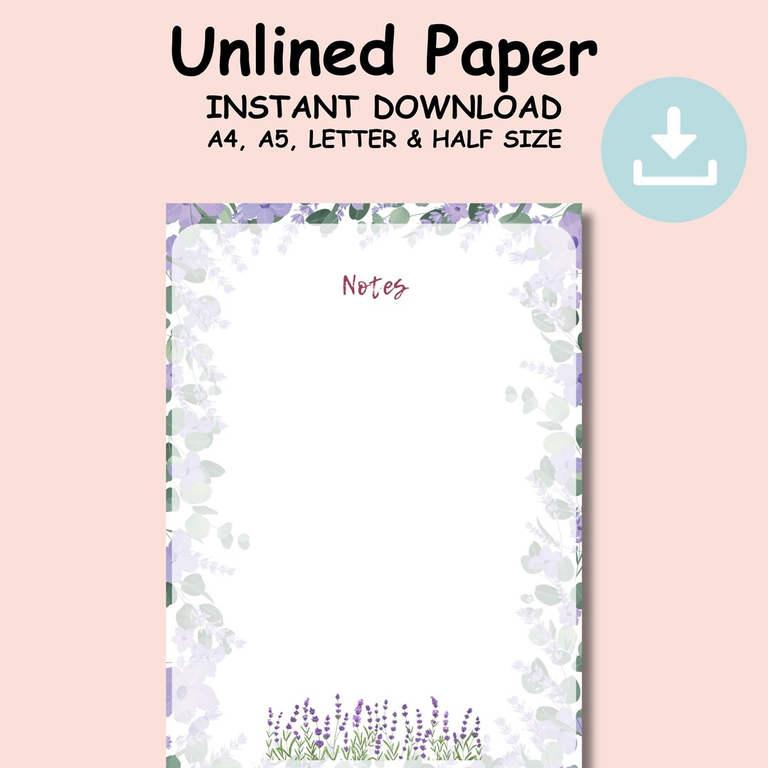 Lavender Unlined Notes Printable, Cute Floral Stationery, Minimal ...