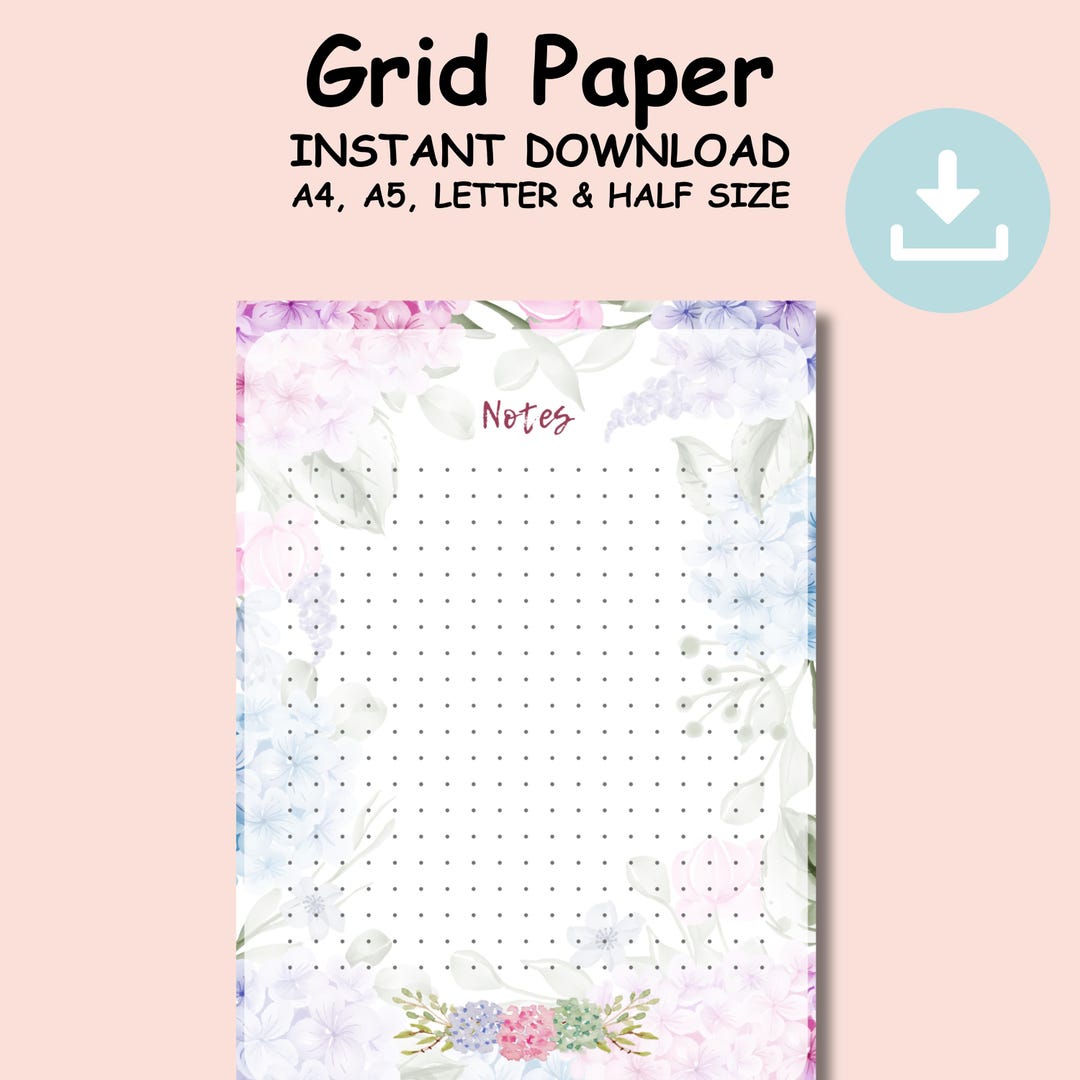 Hydrangea Grid Notes Printable, Cute Floral Stationery, Minimal Flower ...