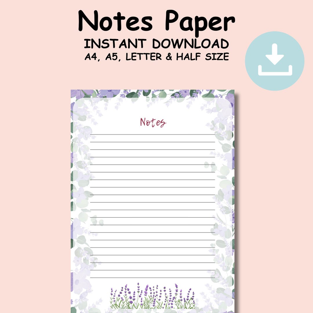 Lavender Lined Notes Printable, Cute Floral Stationery, Minimal Flower ...