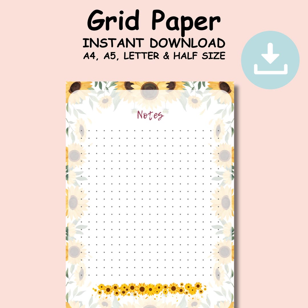 Sunflower Grid Notes Printable, Pastel Floral Stationery, Minimal ...