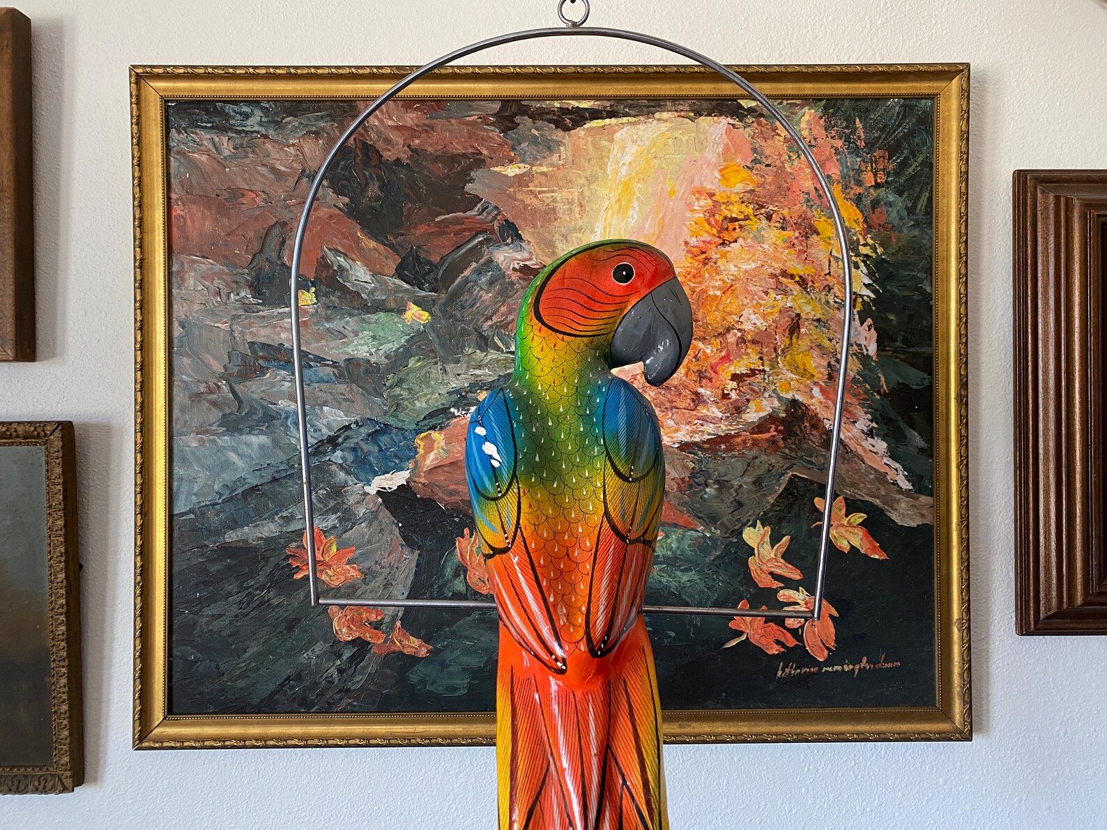 Vintage Paper Mache Scarlet Macaw With Metal Ring Vintage Paper Mache ...