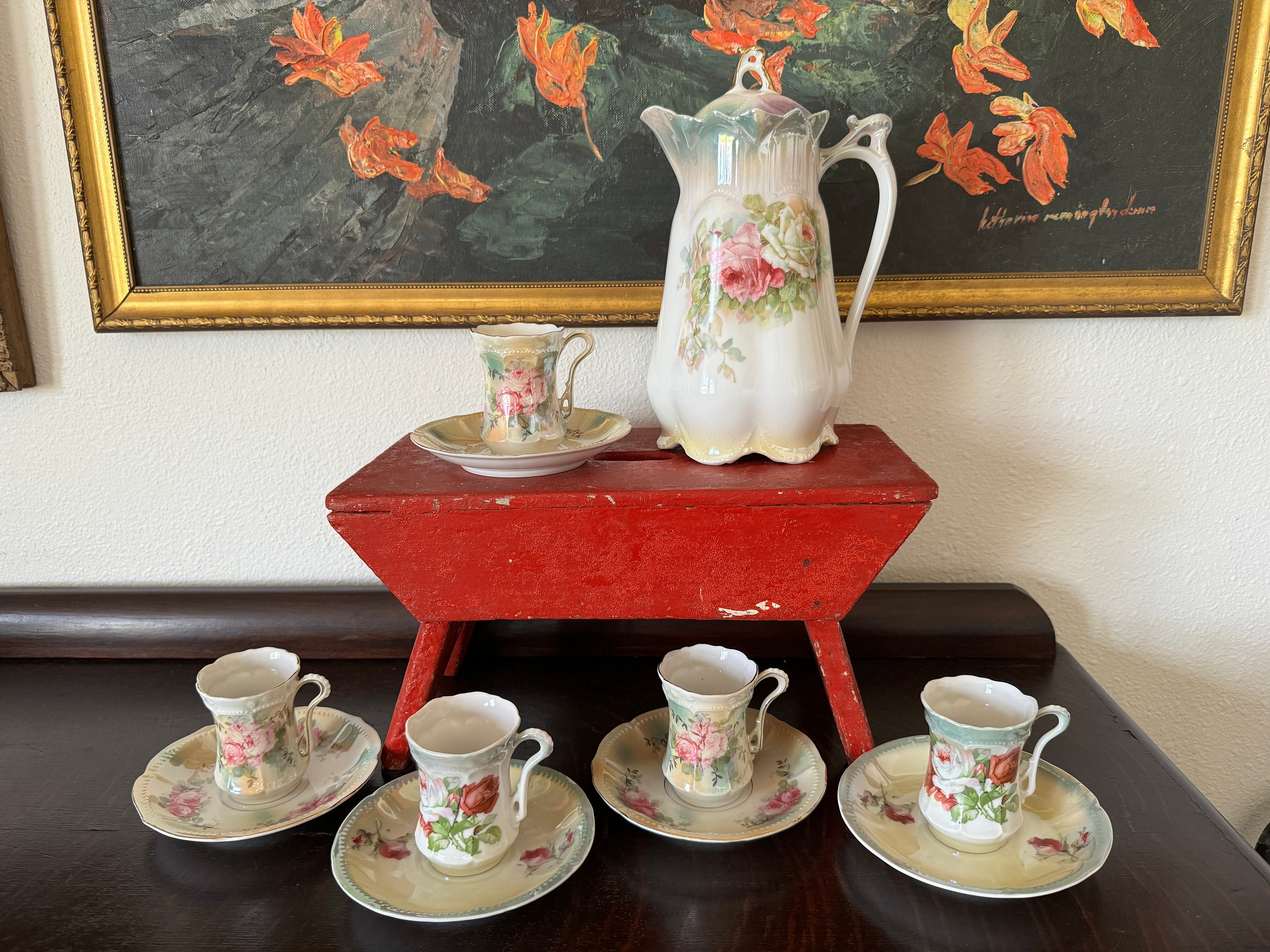 Antique Art Nouveau Lusterware Chocolate Pot With 5 Cups and Matching ...