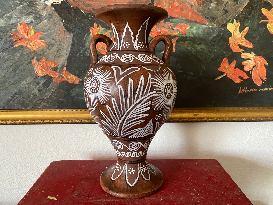 Vintage Amphora Art Pottery Vase Vintage Wood-glazed Terracotta Amphora Vase Vintage Wood-glazed ...