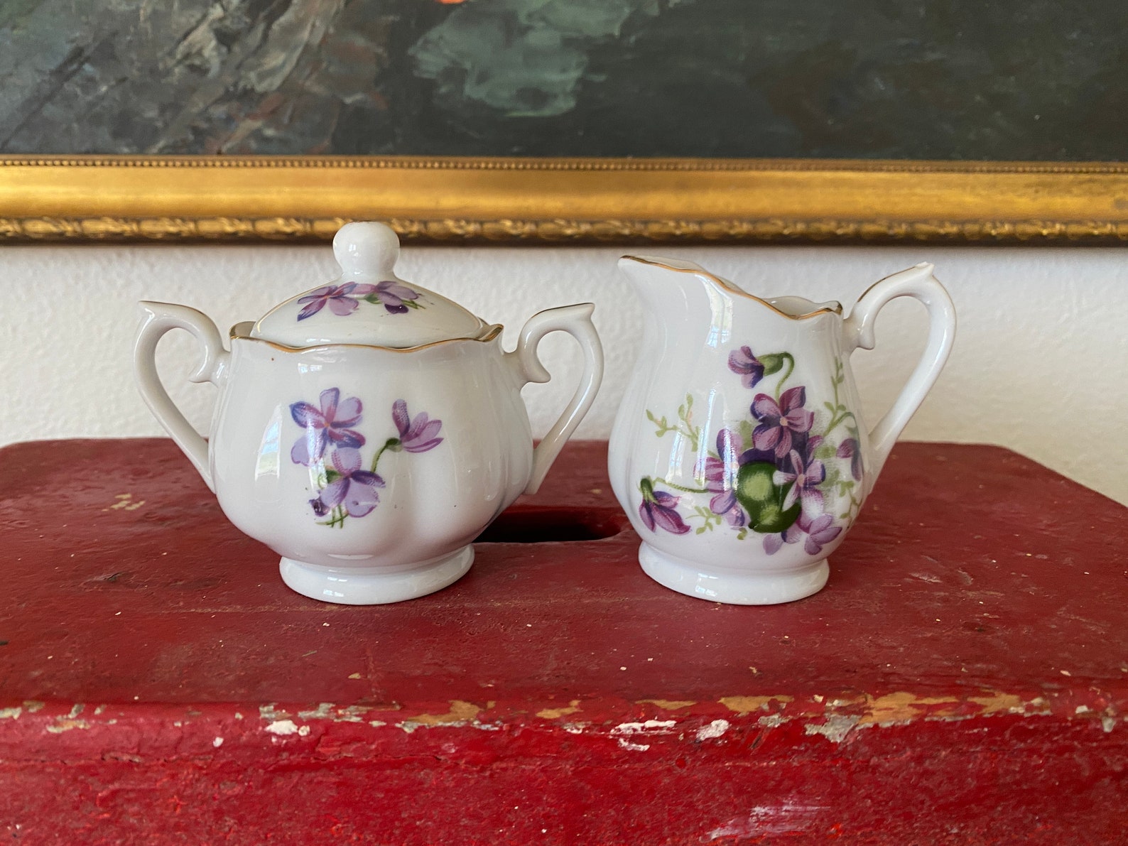 Vintage Purple Violet Fine Porcelain Gold Gilt Creamer and Lidded Sugar ...