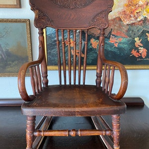 Antique 1901 Child's Oak Press Back Spindle Rocking Chair With Solid ...