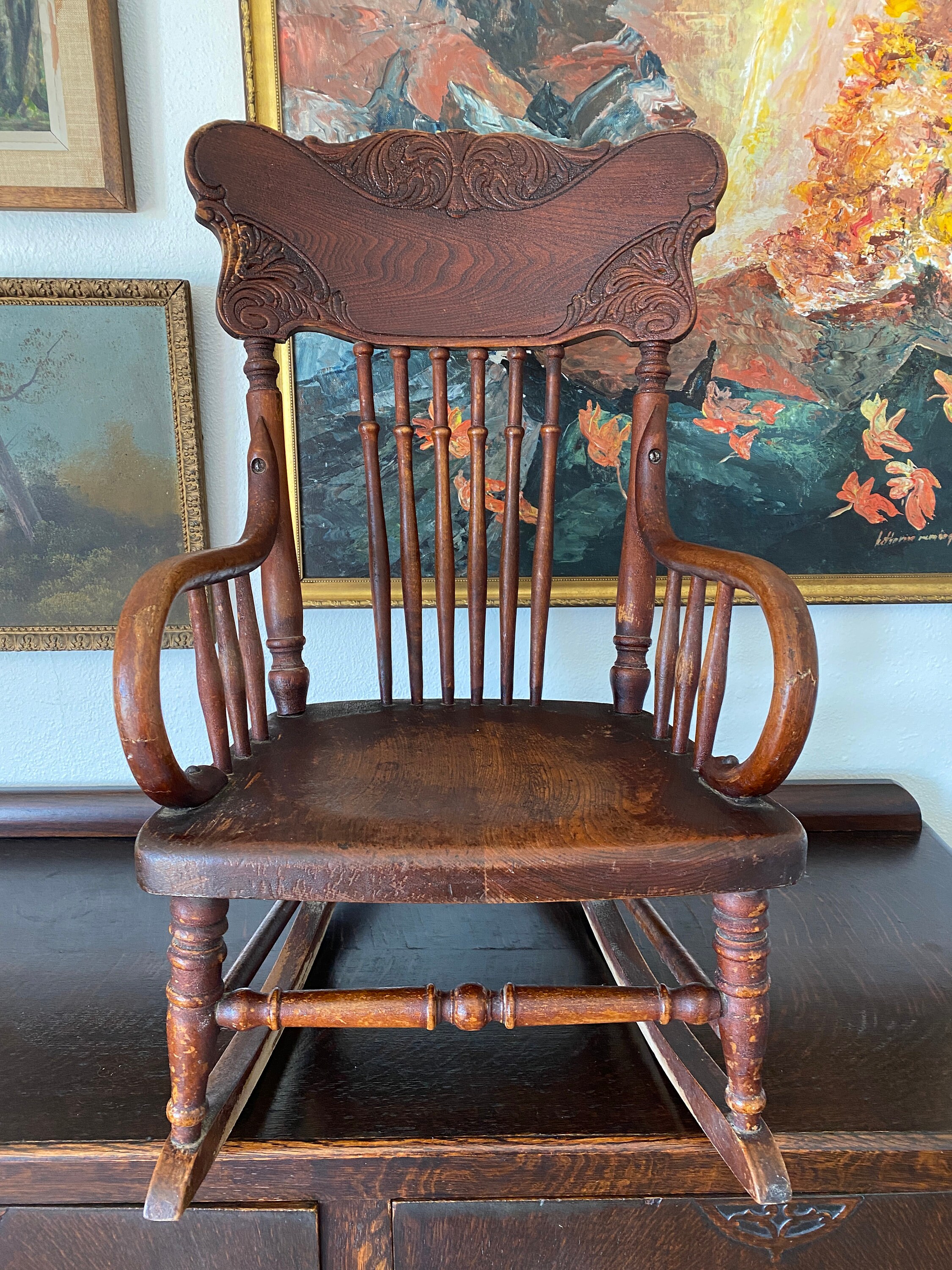 Antique 1901 Child's Oak Press Back Spindle Rocking Chair With Solid ...