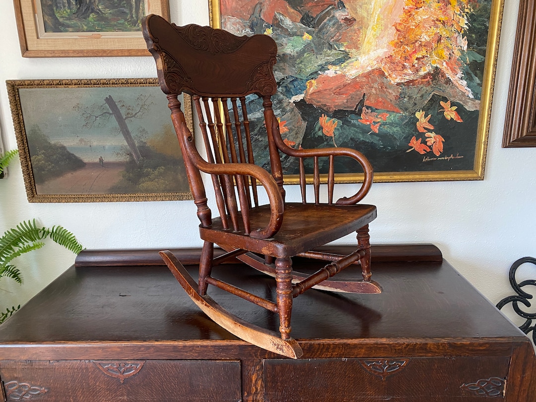 Antique 1901 Child's Oak Press Back Spindle Rocking Chair With Solid ...
