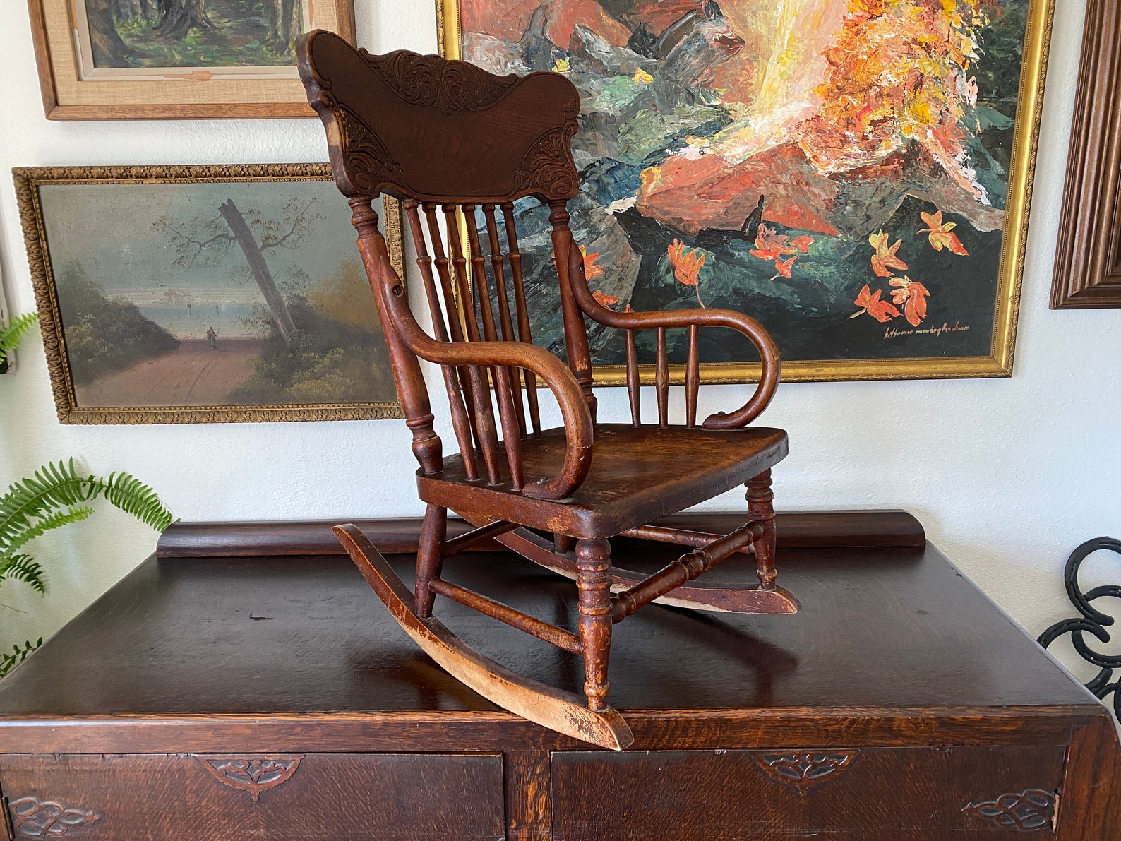 Antique 1901 Child's Oak Press Back Spindle Rocking Chair With Solid ...