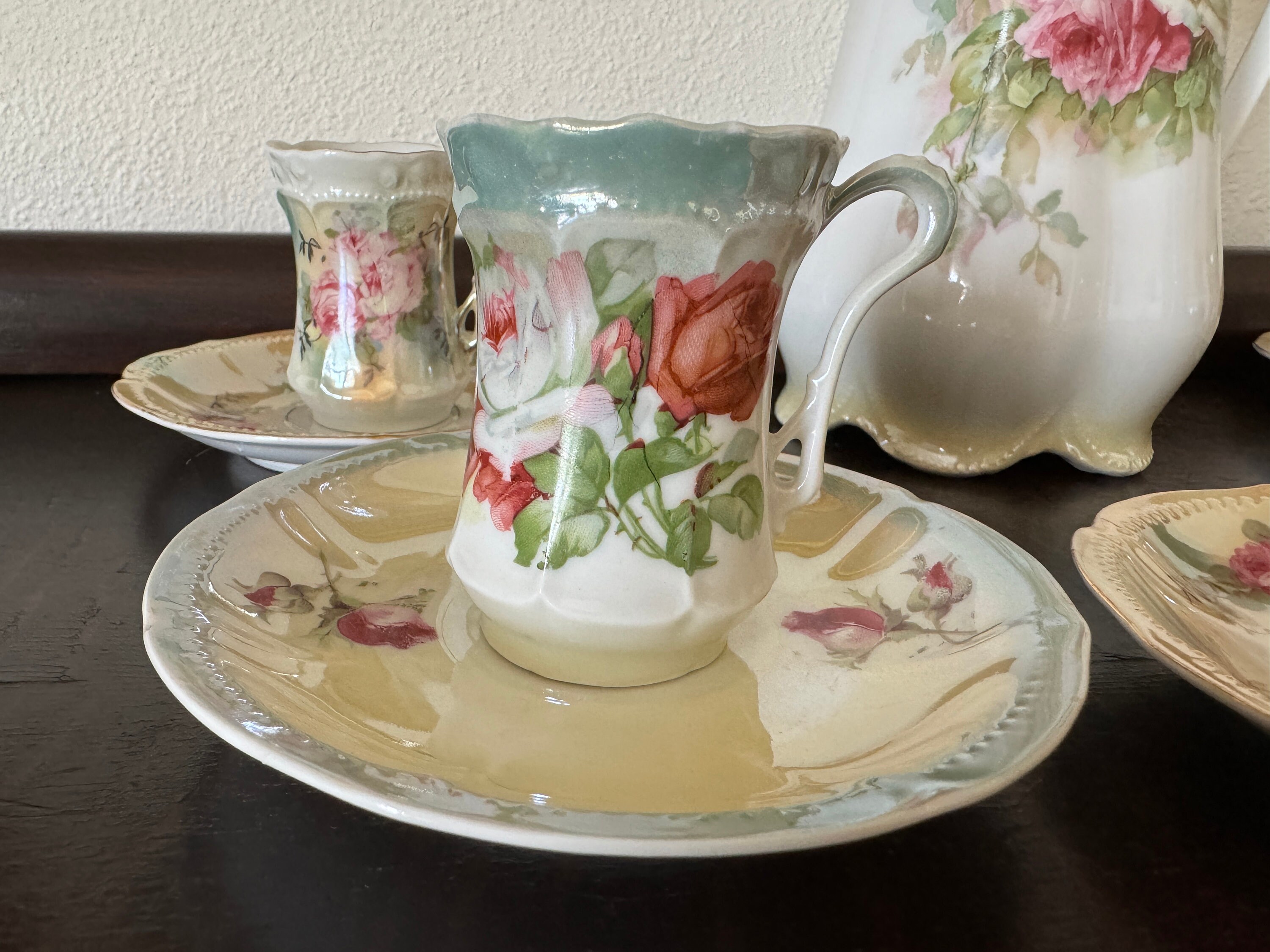 Antique Art Nouveau Lusterware Chocolate Pot With 5 Cups and Matching ...