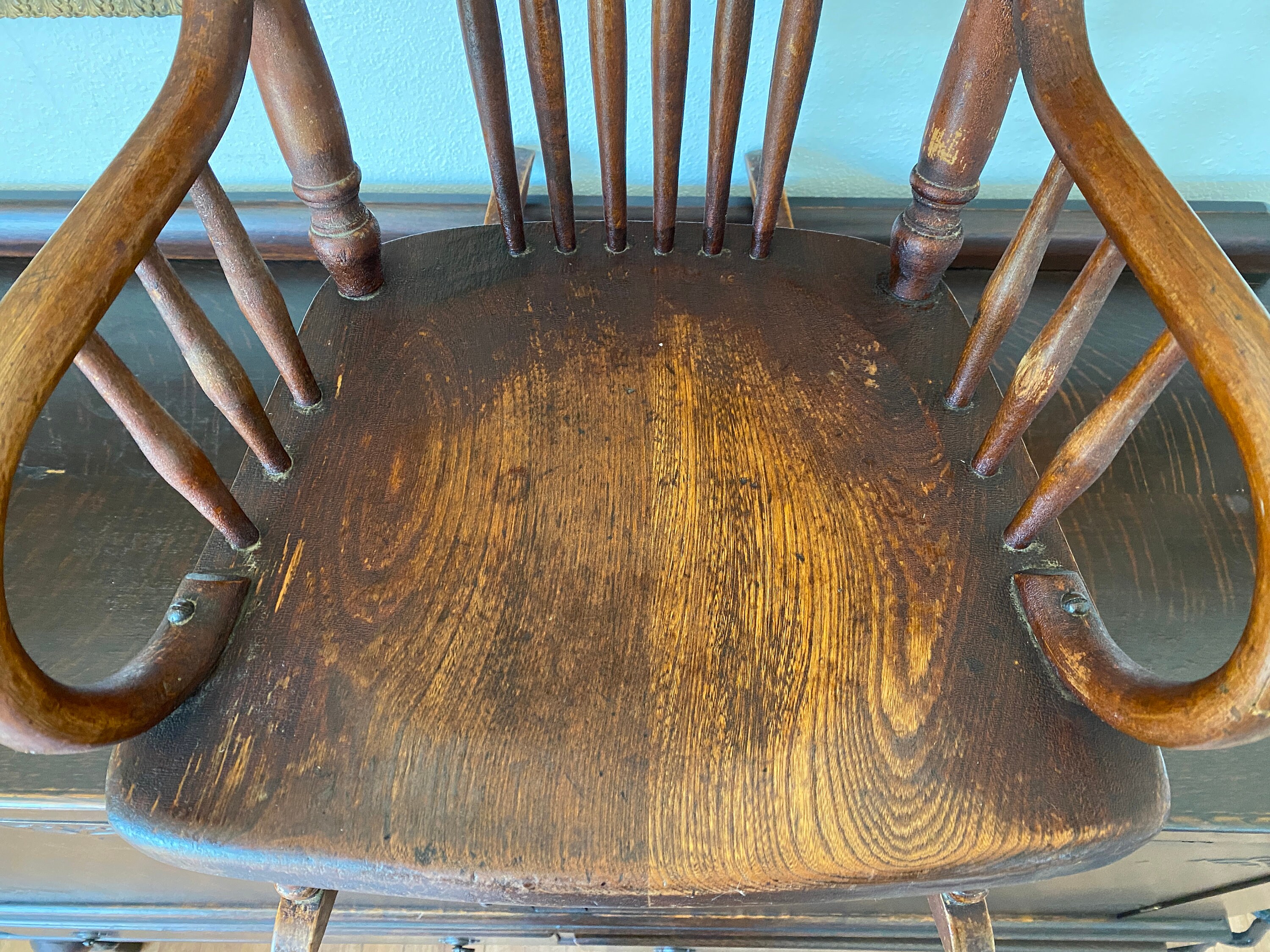 Antique 1901 Child's Oak Press Back Spindle Rocking Chair With Solid ...