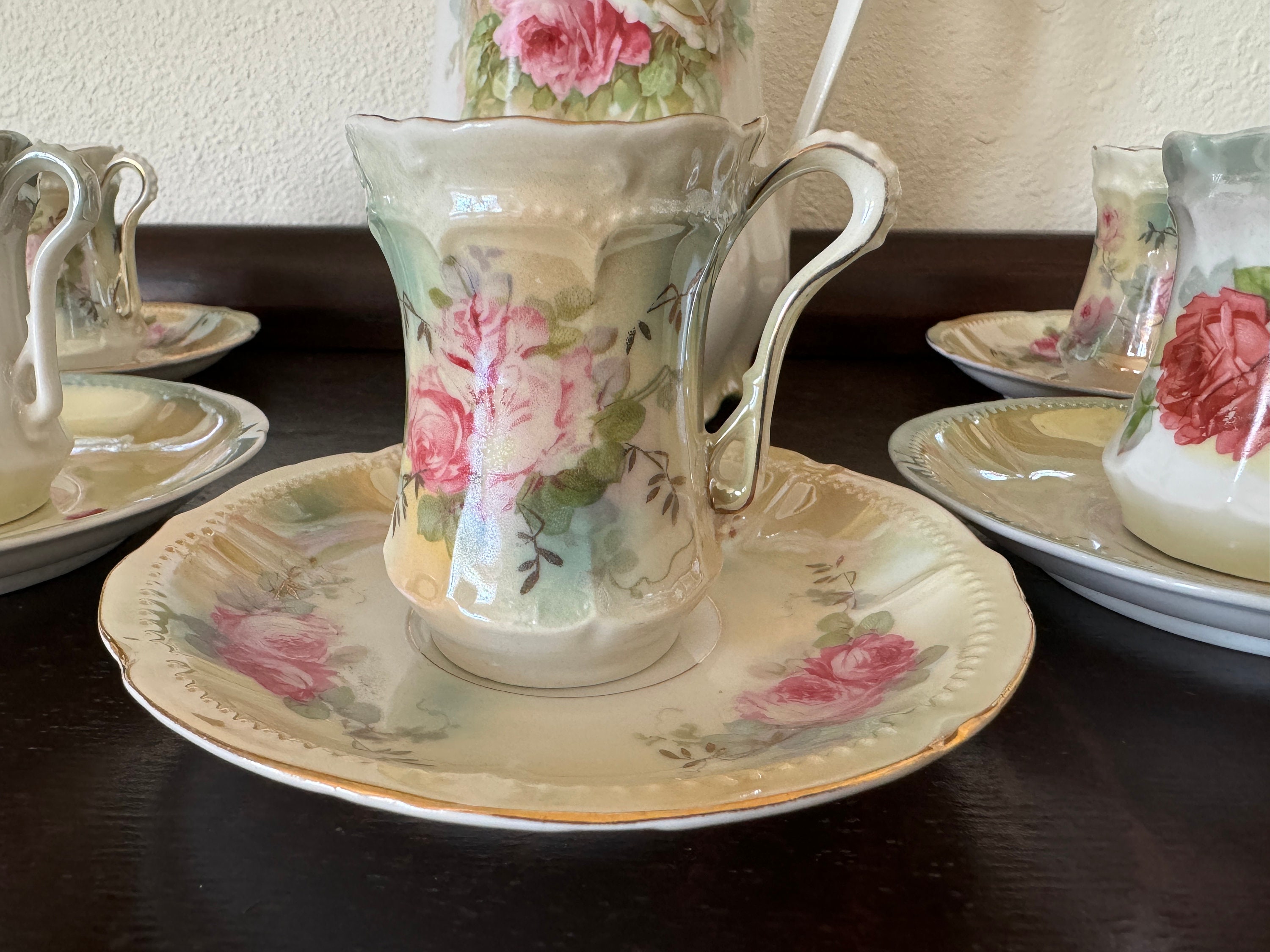 Antique Art Nouveau Lusterware Chocolate Pot With 5 Cups and Matching ...