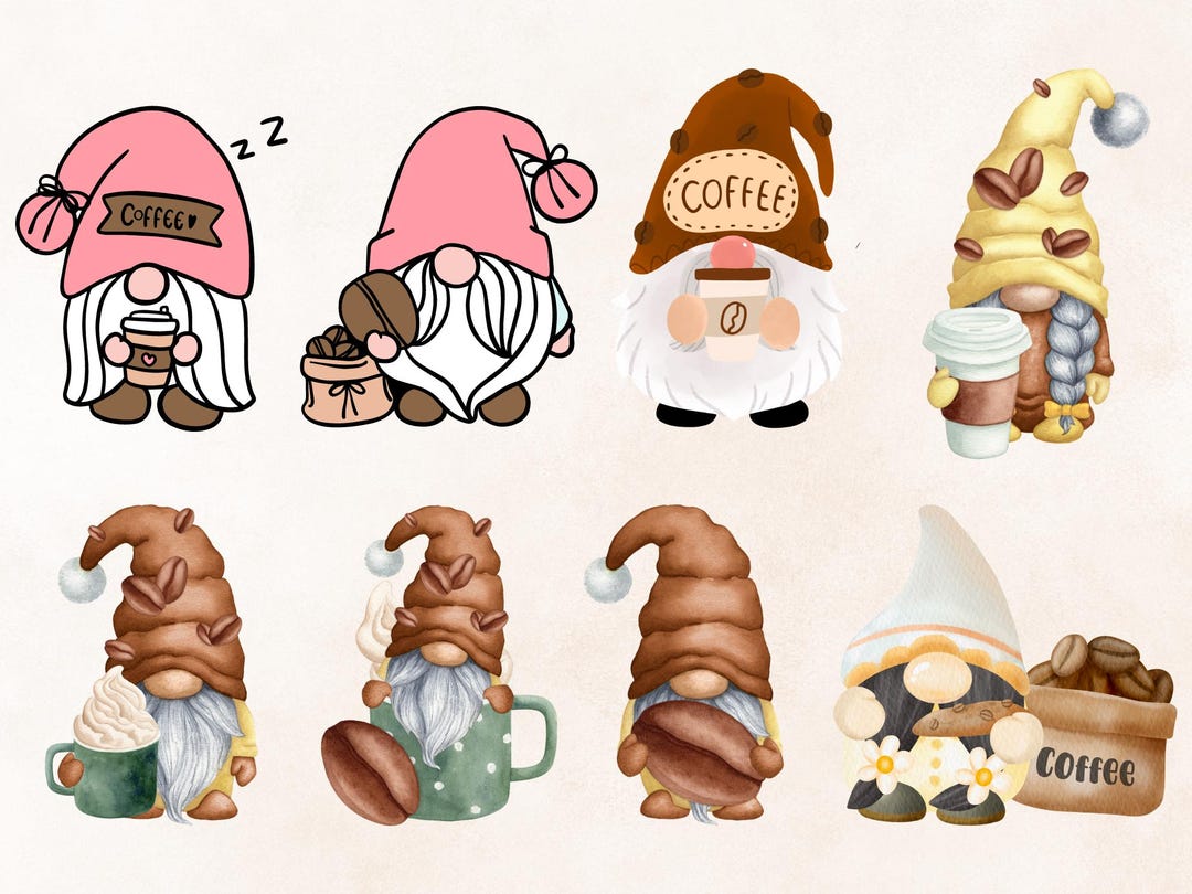 Watercolor Coffee Lover Gnome PNG Clipart Bundle, Cute Gnome PNG ...