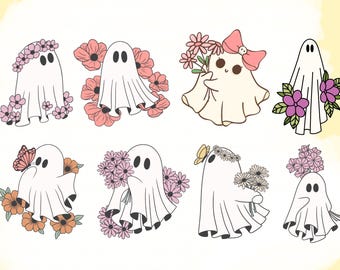Floral Ghost Bundle Svg Daisy Ghost Outline Svg, Spooky Season Svg ...