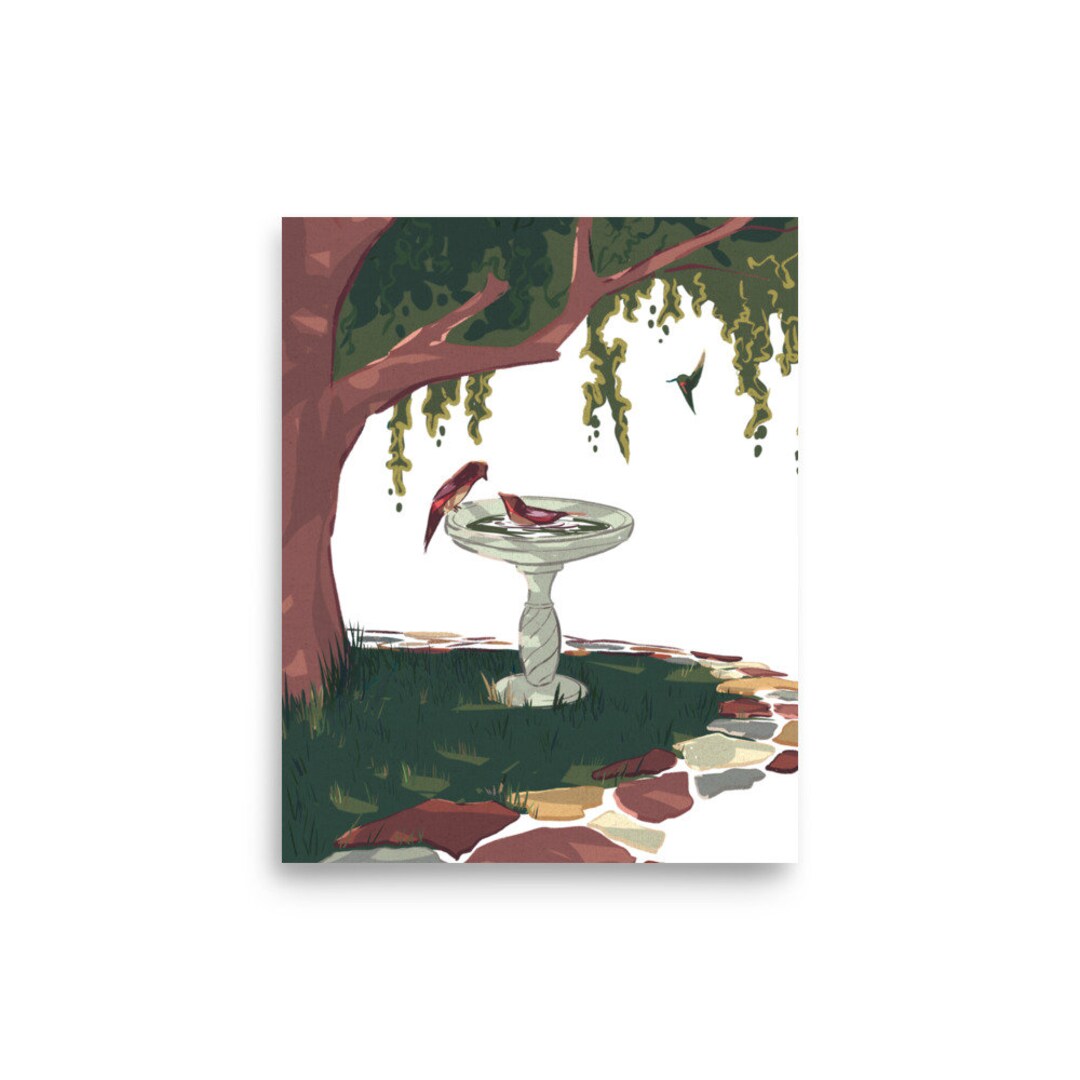 Bird Bath in Dappled Light Art Print | Bird Illustration | Hand Drawn ...
