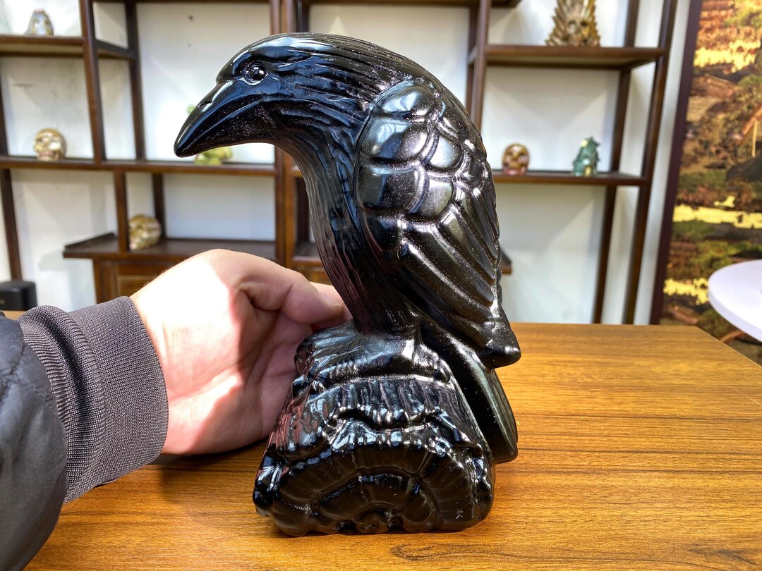 8'' Large Natural Obsidian Bird ,hand Carved Crow Skull,crystal Bird ...