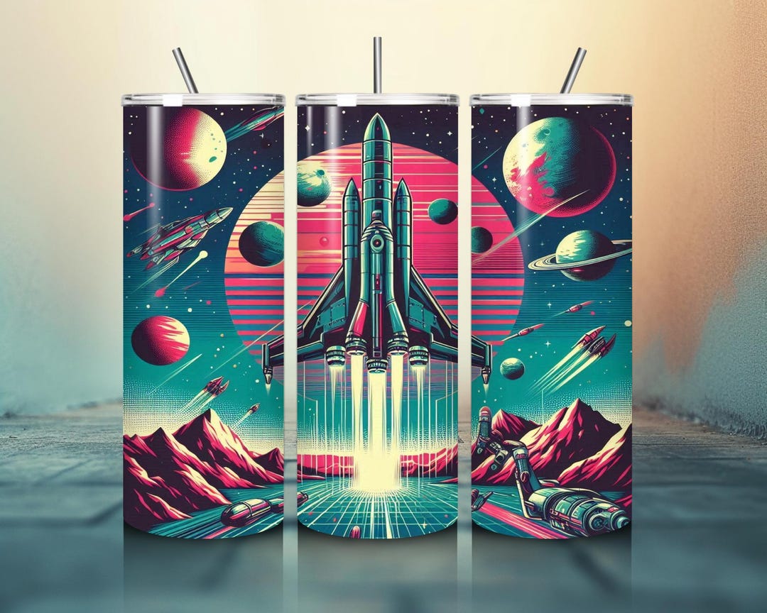 Space Ship Planets and Moons Retro Tumbler Design Sublimation 20 Oz ...