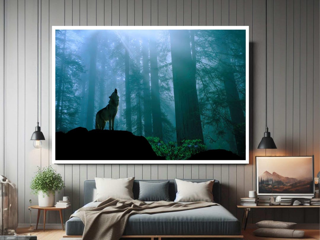 American Indian Art Canvas-wolf Howl in Forest Animal Framed Modern ...