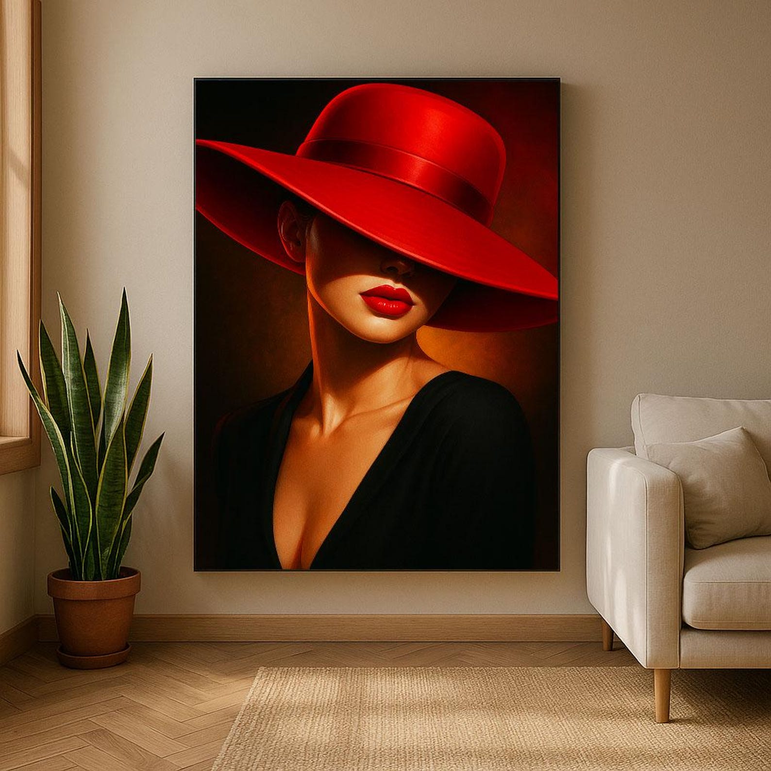 Elegant Woman in Red Hat Canvas Wall Art Print | Modern Bedroom Decor ...