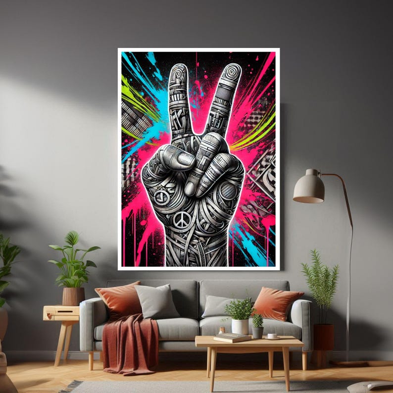 Urban Graffiti Victory Sign Canvas Wall Art, Banksy Style Modern Canvas ...