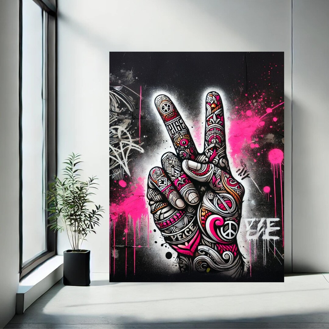 Urban Graffiti Victory Sign Canvas Wall Art, Banksy Style Modern Canvas ...